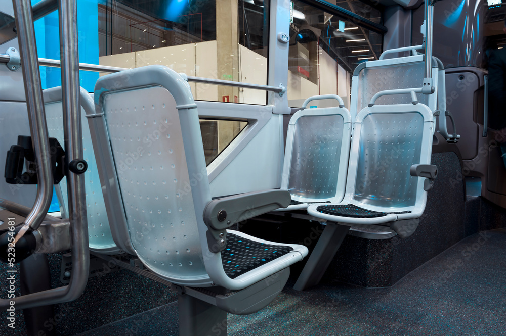 Interior of a bus on display at the public transport exhibition LAT.BUS ...