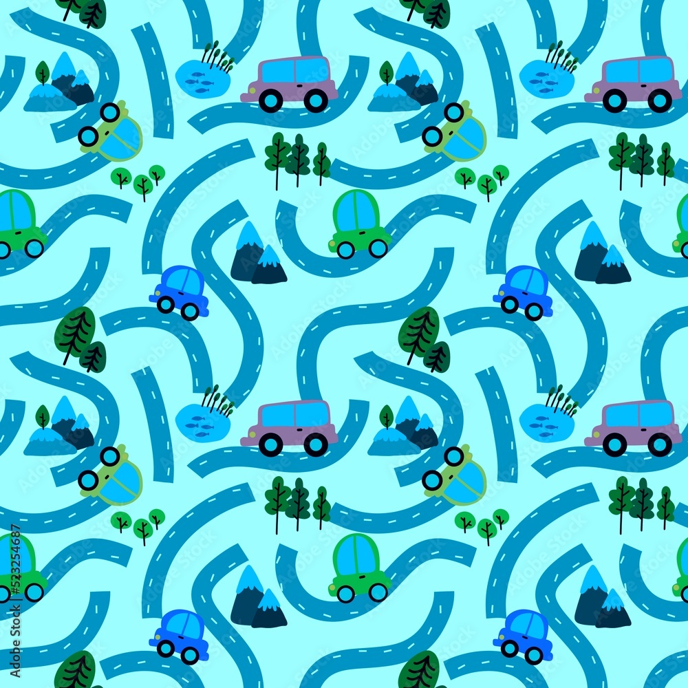 Cartoon kids seamless cars road pattern for child clothes print and ...