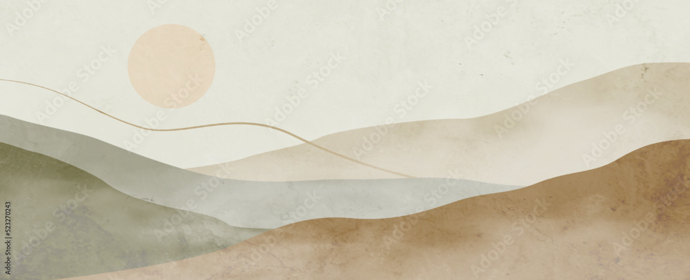 Watercolor art background with mountains and hills in earth colors. Ink ...