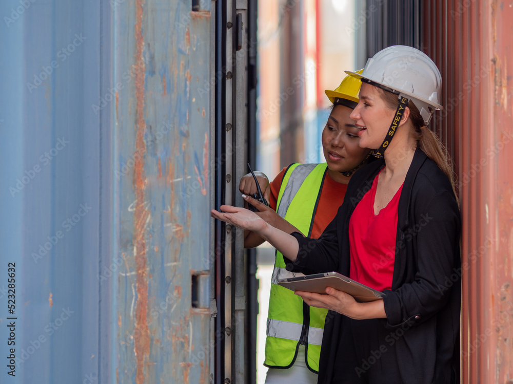 Diverse group of people working together at container terminal. Female ...