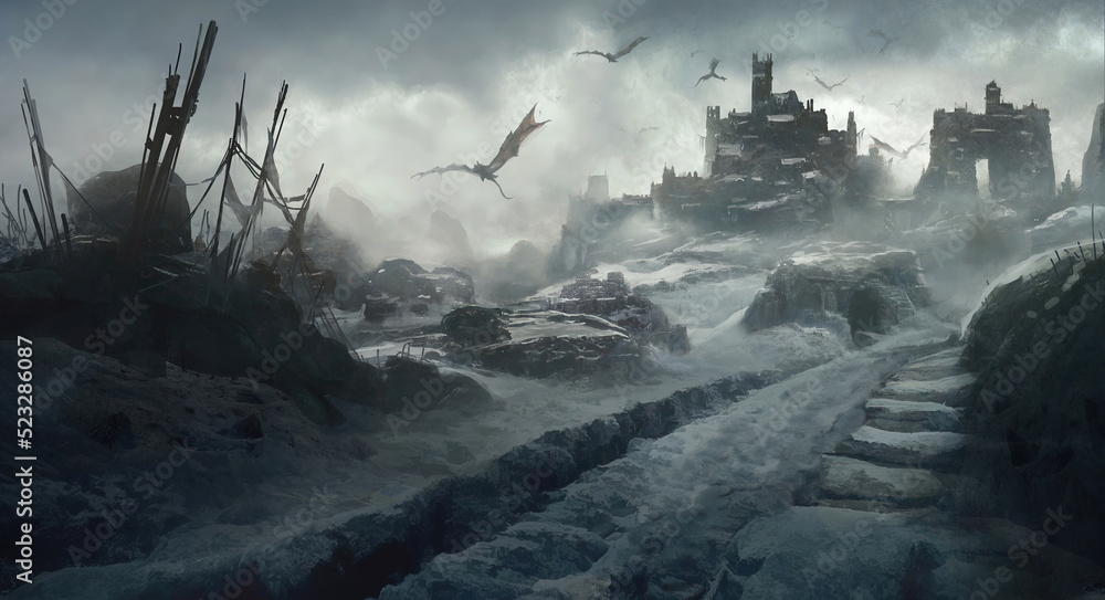 A desolate fantasy castle surrounded by dragons flying through the sky ...