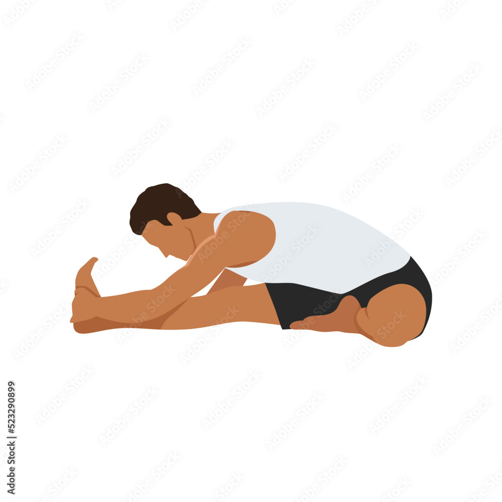 Man doing head to knee forward bend pose Janu sirsasana exercise. Flat ...