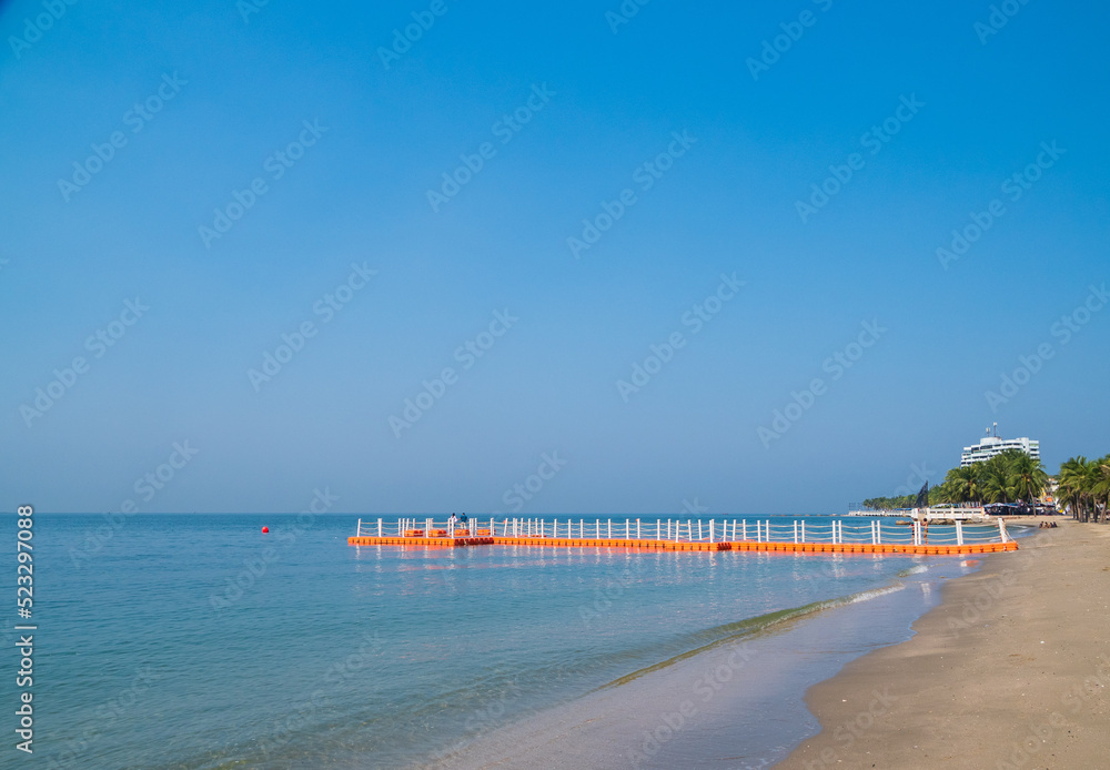 Floating piers along shore are place for tourists walk. Mooring boat ...