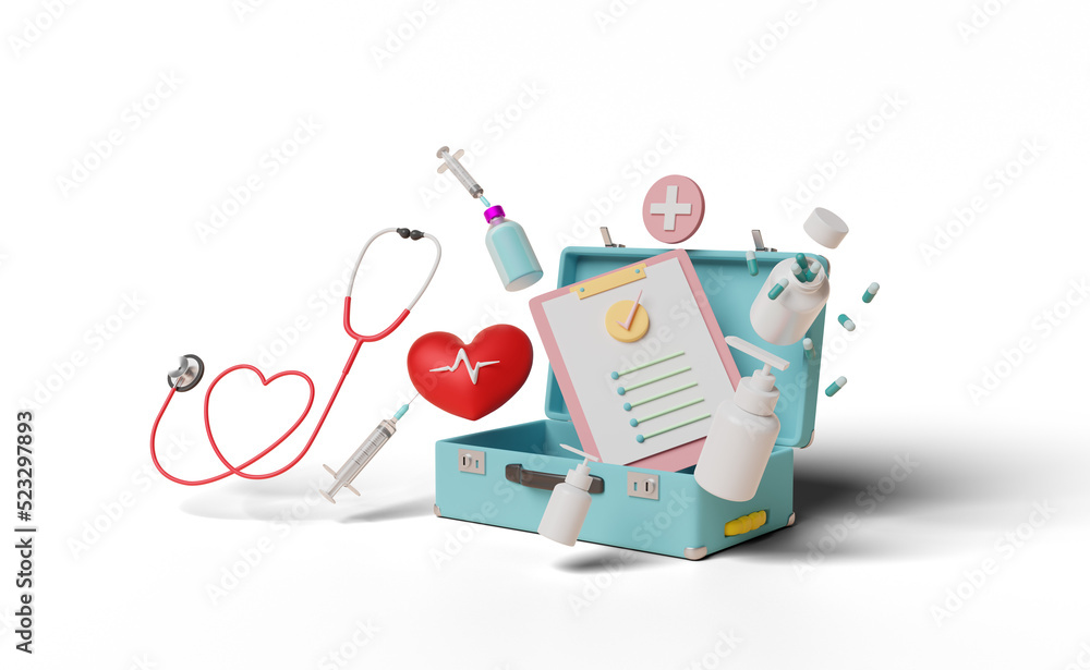 first aid kit bag with check list, stethoscope, syringe, red heart and ...