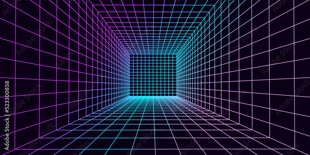 3D wireframe room colorful on dark background. Abstract perspective ...
