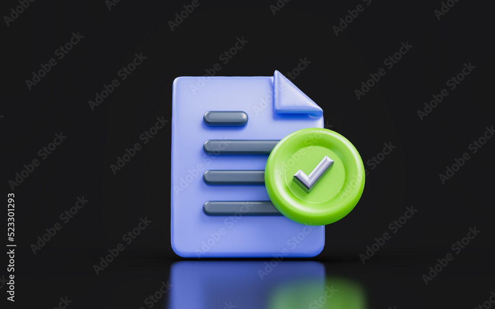 document check mark sign on dark background 3d render concept for paper ...