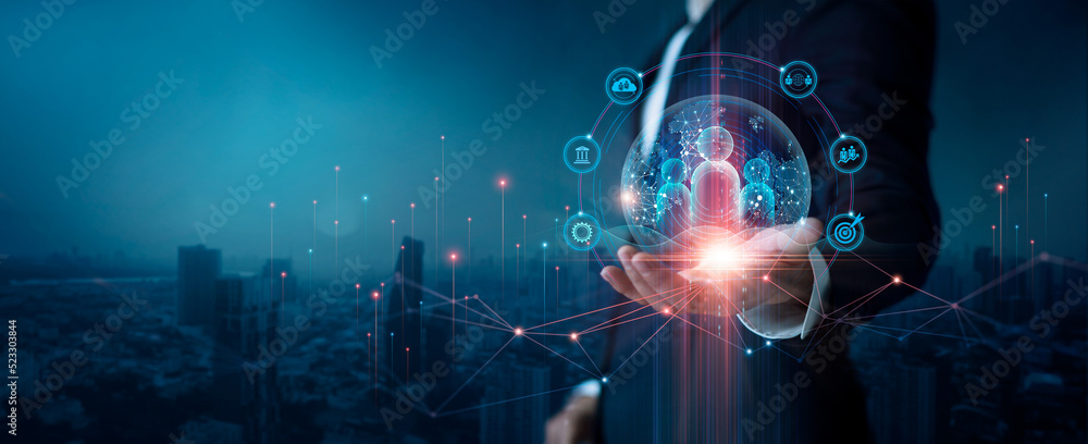 CRM. Customer network relationship management concept, Businessman hold ...