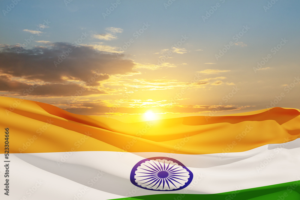 Waving India flag on sunset sky. Background with place for your text ...