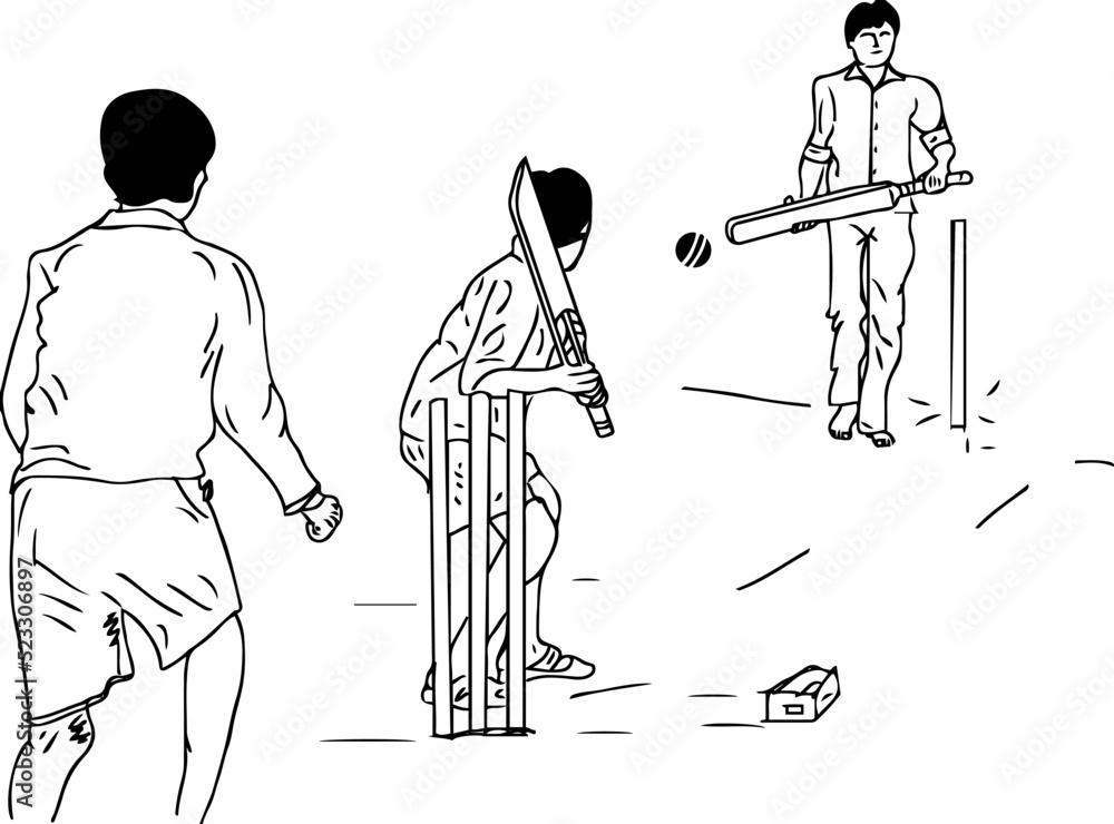 Gully Cricket line art vector, Indian kids playing cricket in street ...