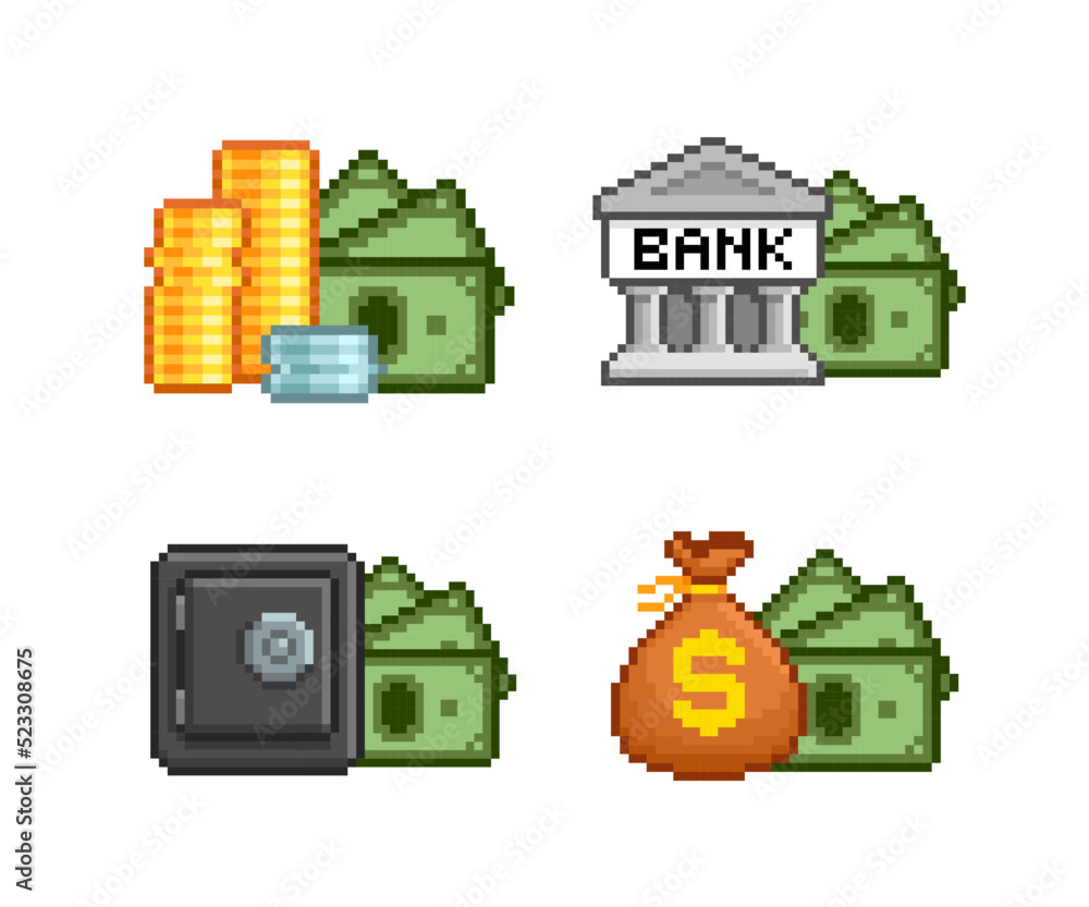 Pixel Art Money storage icon set in 8-bit game style. Pixel banknotes ...