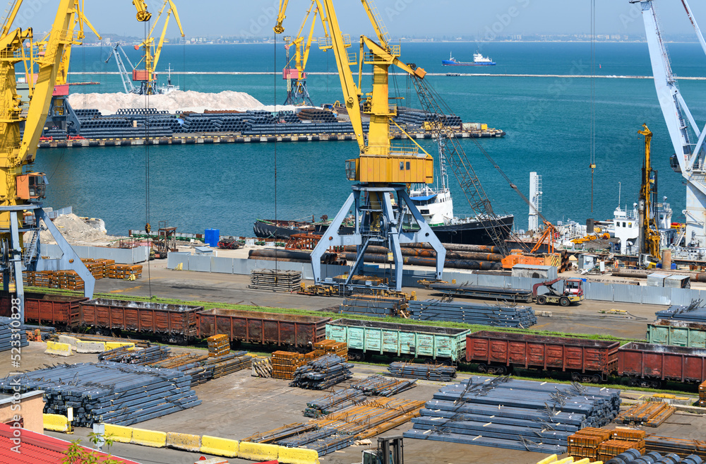 industrial seaport infrastructure - sea, cranes and minerals, metal and ...
