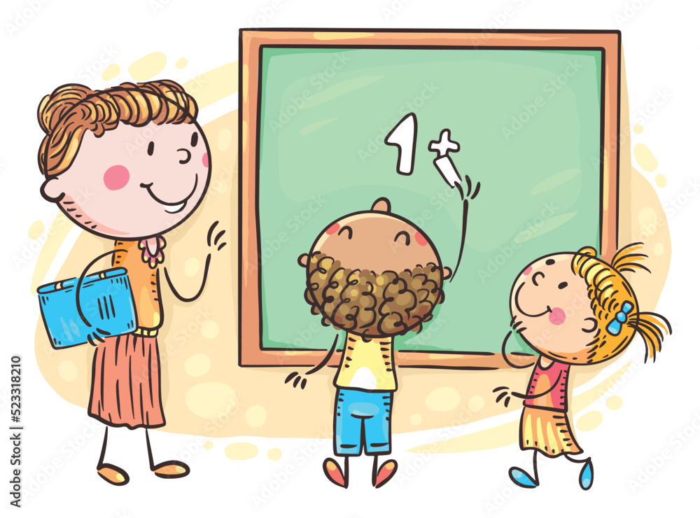 Math lesson, teacher and students writing on the blackboard Stock ...