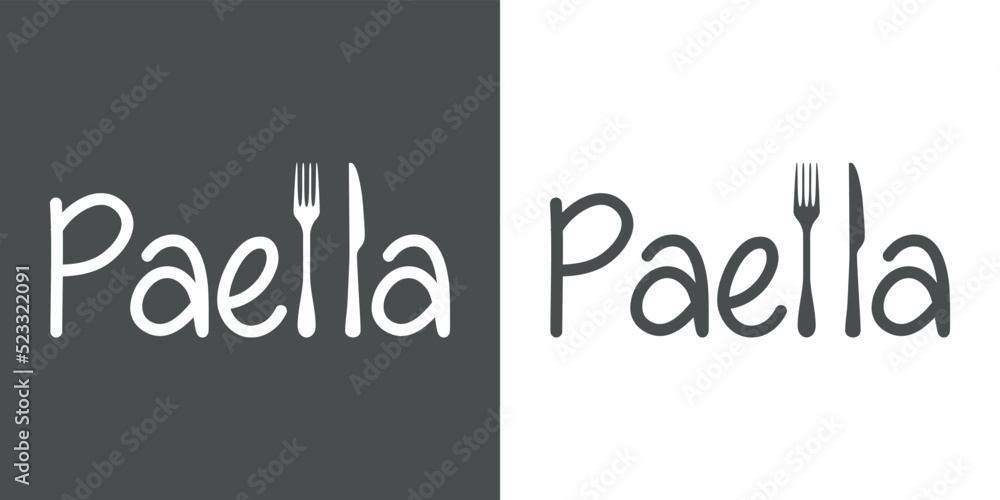 Banner con texto manuscrito Paella con cubiertos. Logo restaurante ...