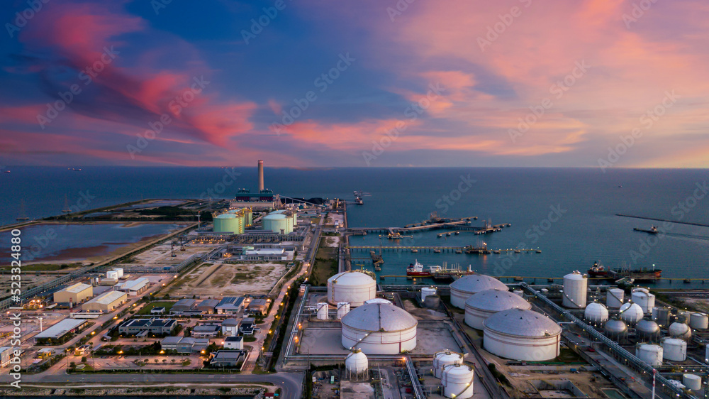 Aerial view oil terminal and coal power plant station in sea, White oil ...