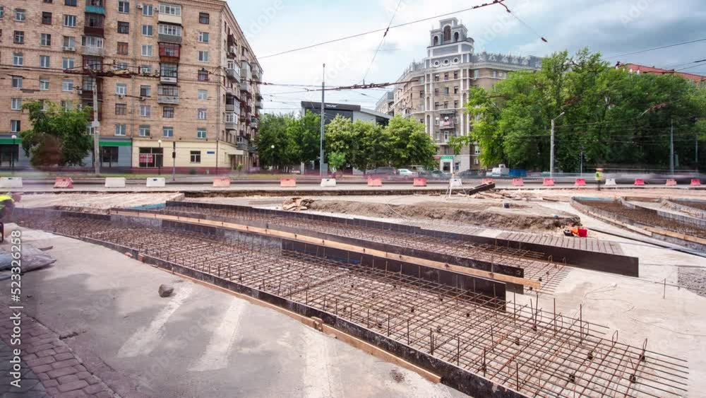 Road construction site with tram tracks repair and maintenance ...