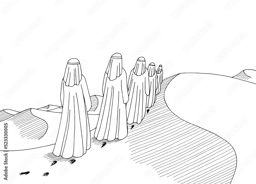 People walking in the desert graphic black white landscape sketch ...