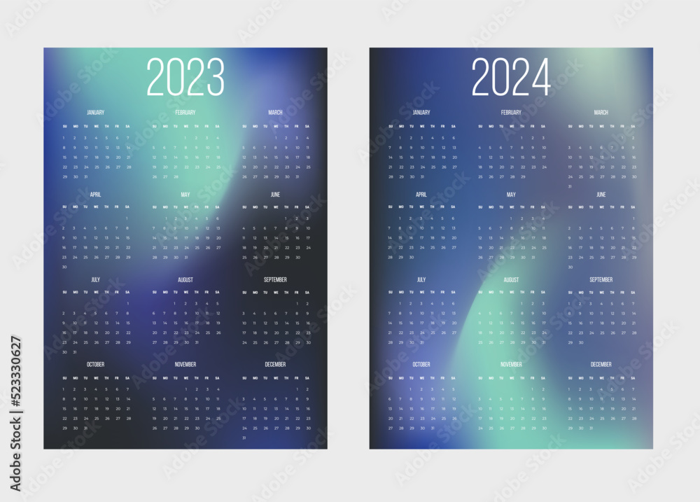Calendar grid for 2023 and 2024 years. Simple vertical template. Week ...