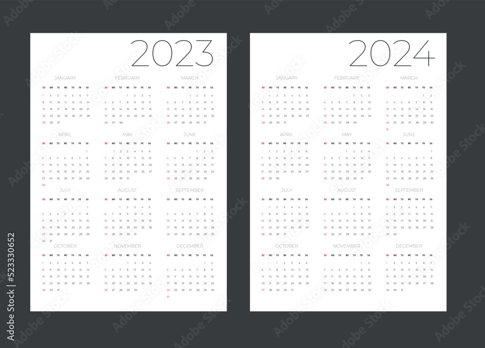 Calendar grid for 2023 and 2024 years. Simple vertical template. Week ...