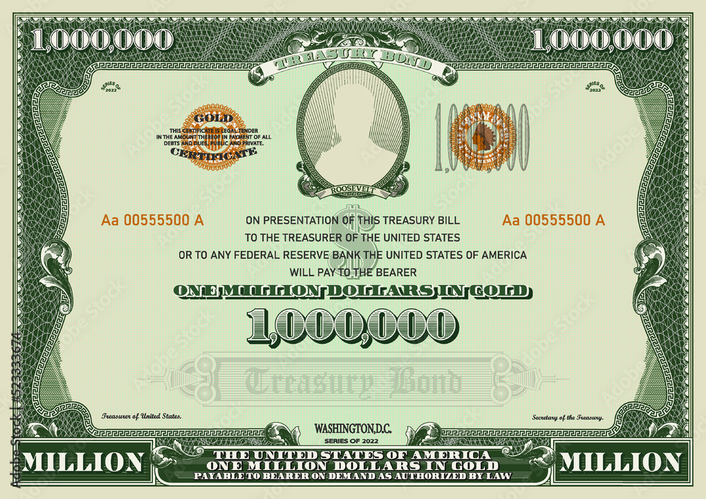Vector fictitious US 1,000,000 dollars treasury bond. Green vintage ...
