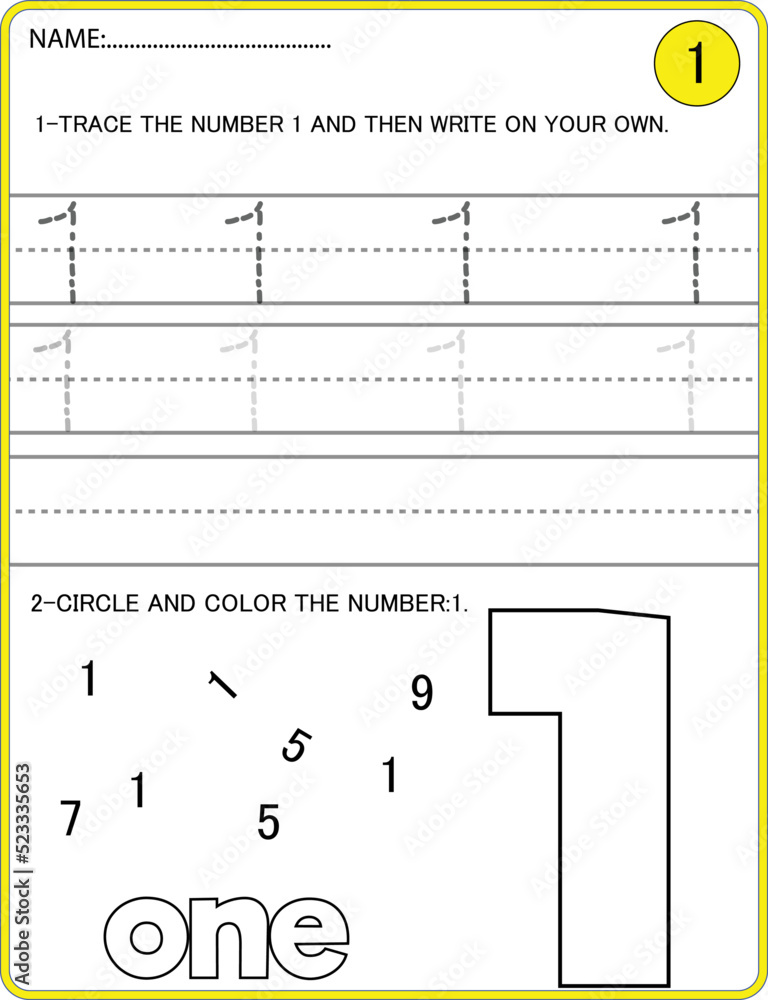 Tracing numbers activity. Trace the number 1 Educational children game ...