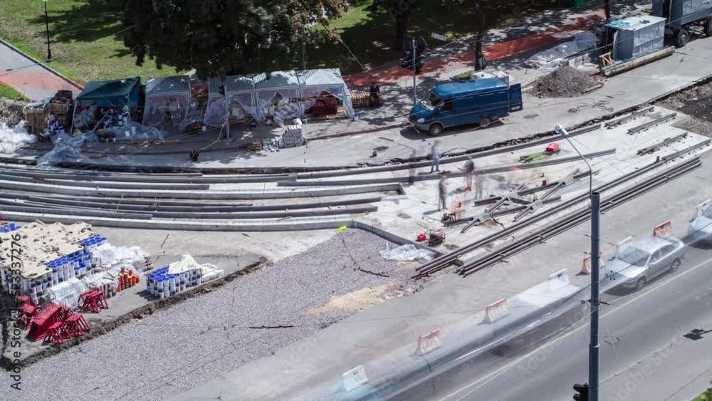 Vídeo do Stock: Road construction site with tram tracks repair and ...