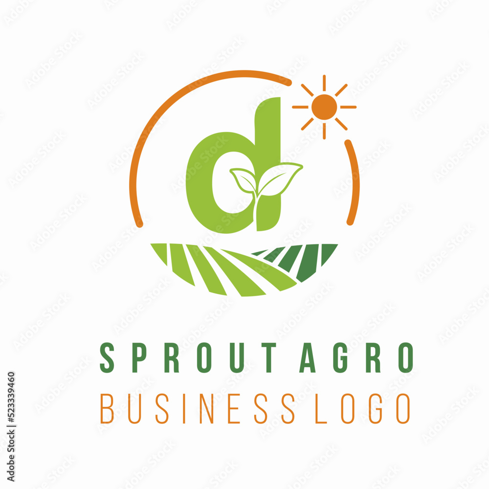 Initial d letter with farm land field for agrobusiness environment ...