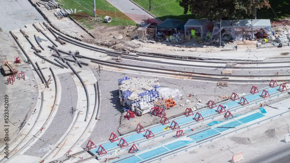 Repair works on the street timelapse. Laying of new tram rails on a ...