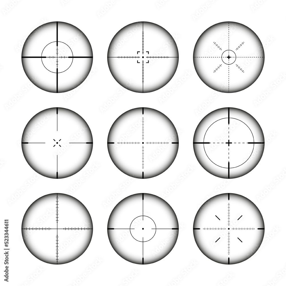 Various weapon sights, sniper rifle optical scopes. Hunting gun ...