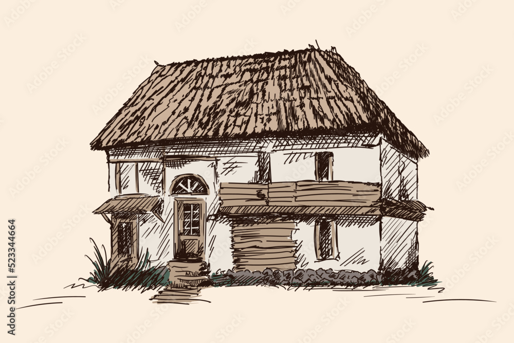 Freehand drawing of an old rustic one-story house with a thatched roof ...
