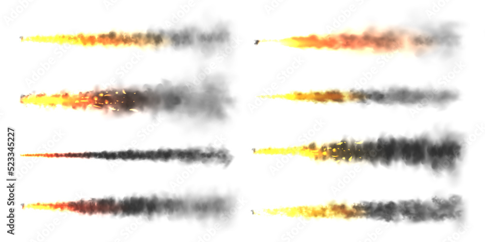 Realistic black smoke with fire, space rocket launch trails. Fire burst ...