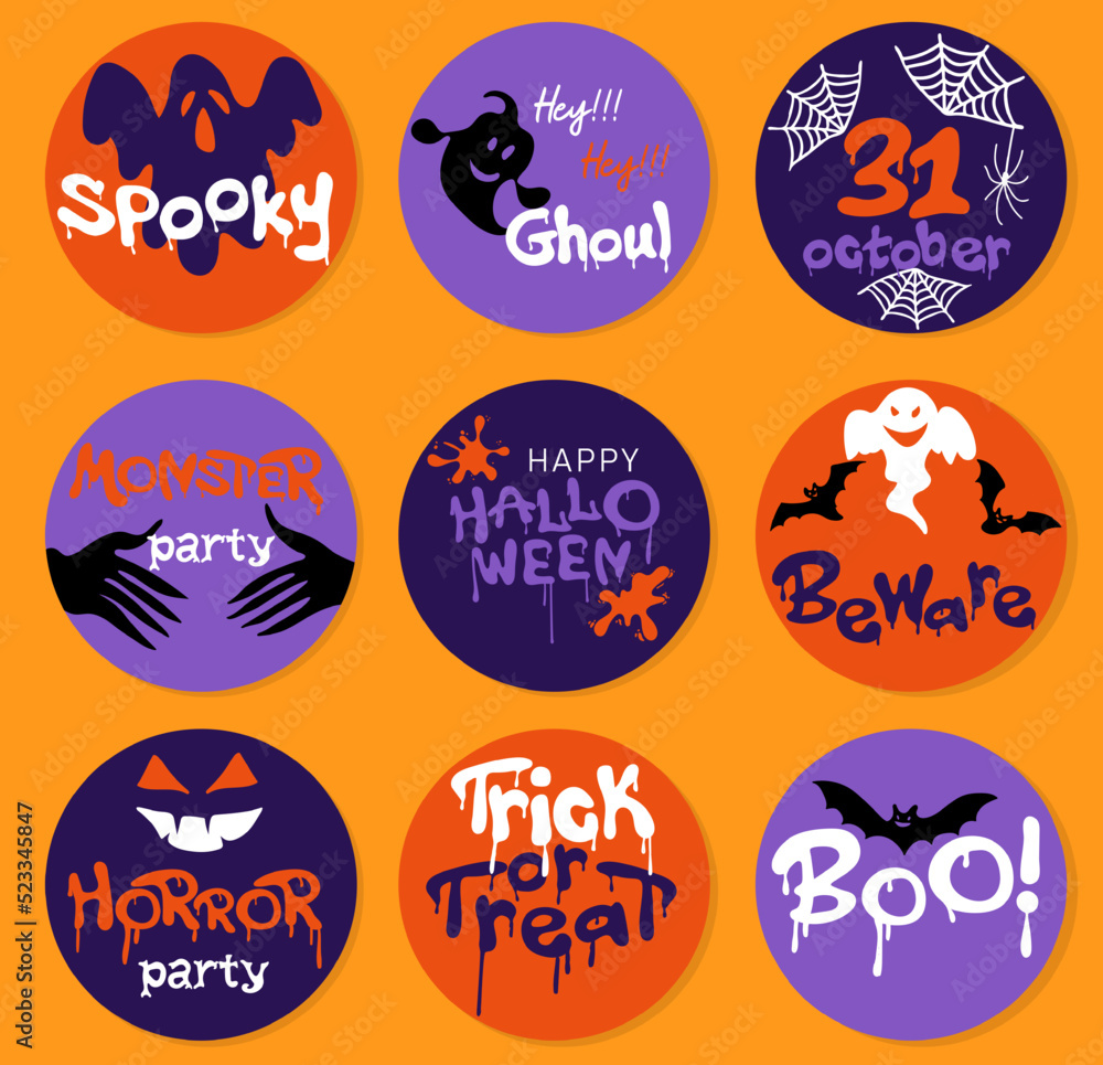 Set of circle Halloween stickers with ghosts, bats and spider webs ...