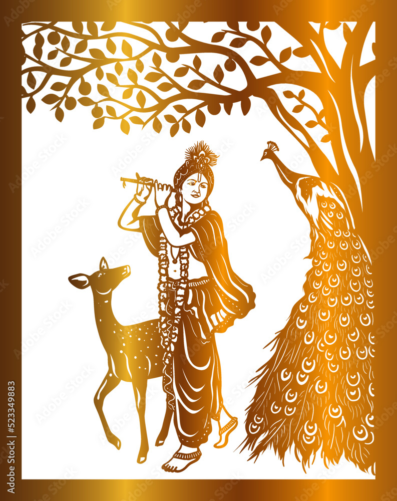vector art of Lord Krishna with a deer and a peacock on a tree. Stock ...