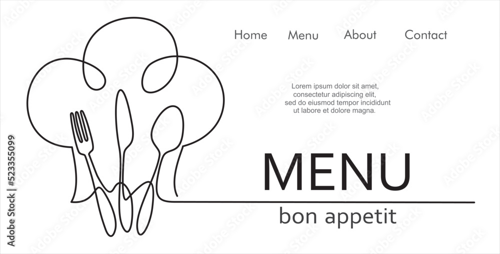 One single line drawing of chef hat or cap with fork, spoon and knife ...