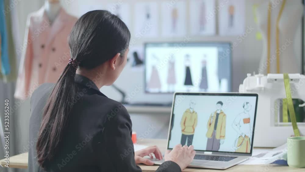 Back View Of Asian Female Designer In Business Suit Designing Clothes ...
