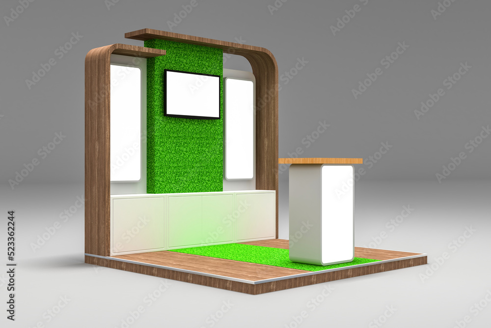 3d illustration stand booth wood grass construction decoration with ...
