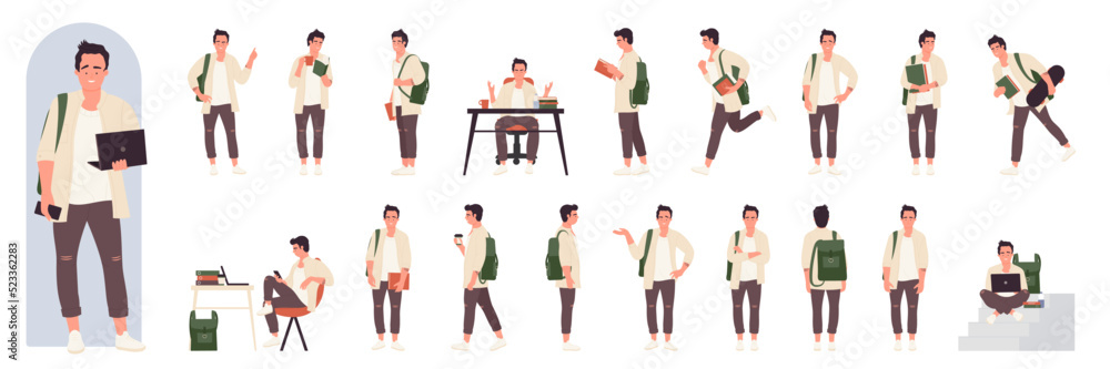 Male student character poses, animation set vector illustration ...