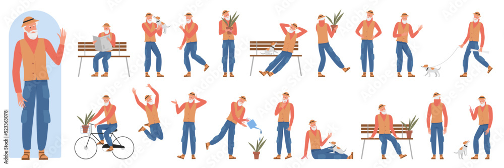 Old man poses in side, front and back view set vector illustration ...