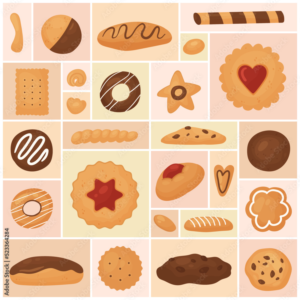 Cookie, sweet food set vector illustration. Cartoon assorted sugar ...