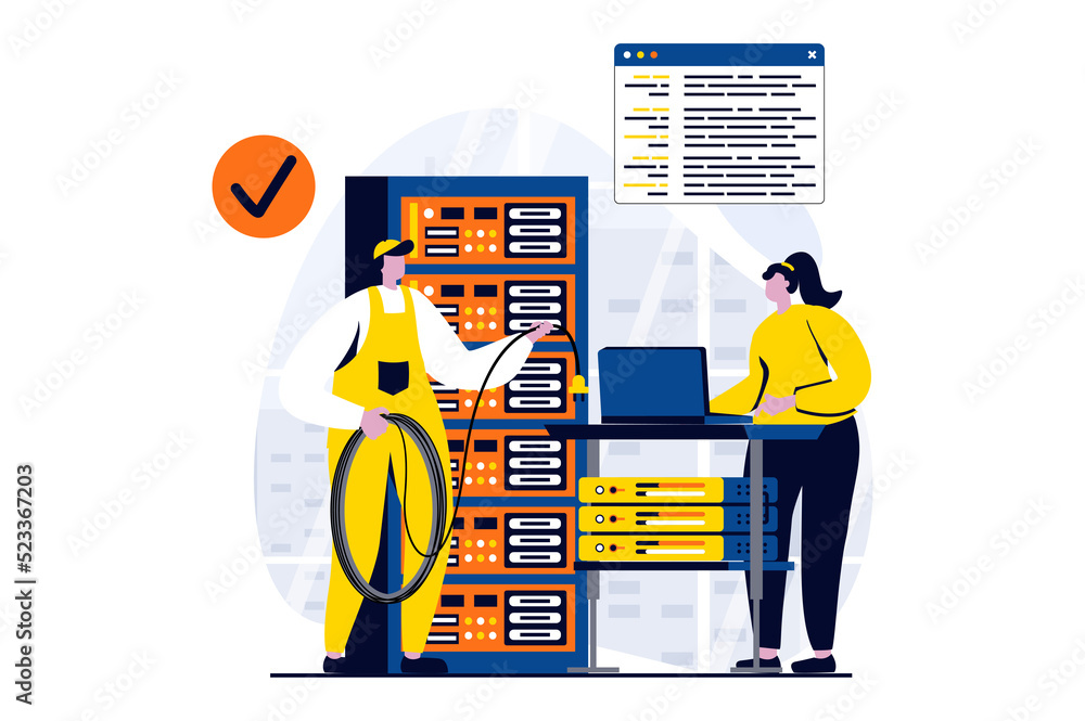 Server maintenance concept with people scene in flat cartoon design ...