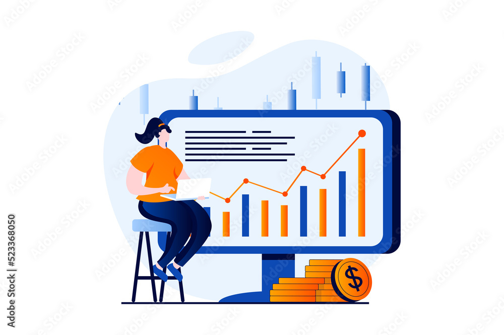 Stock market concept with people scene in flat cartoon design. Woman ...