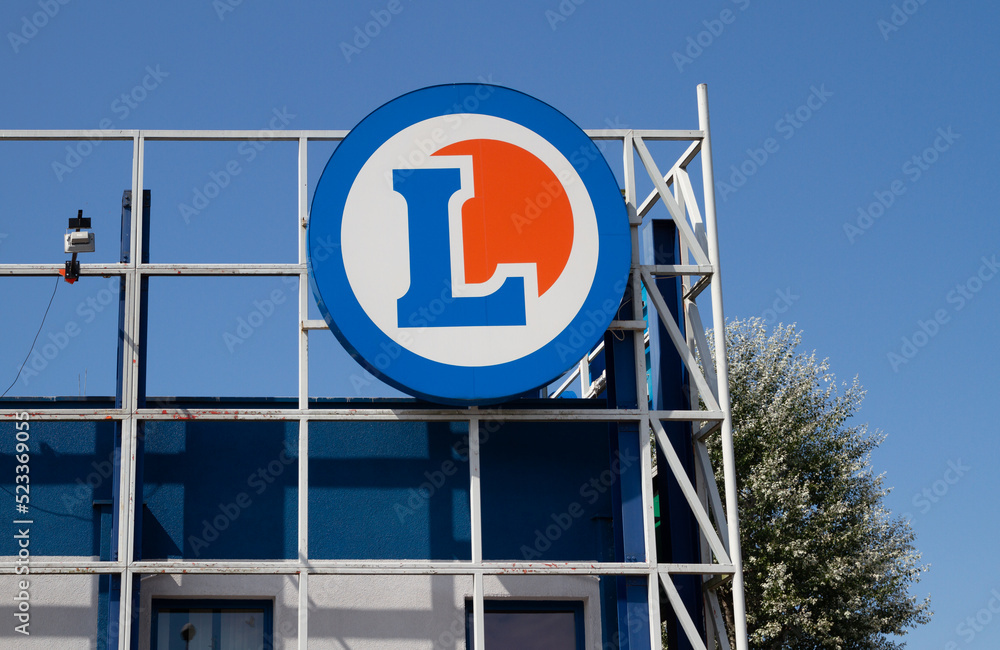 E.Leclerc hypermarket, French supermarket logo sign. Shopping mall ...