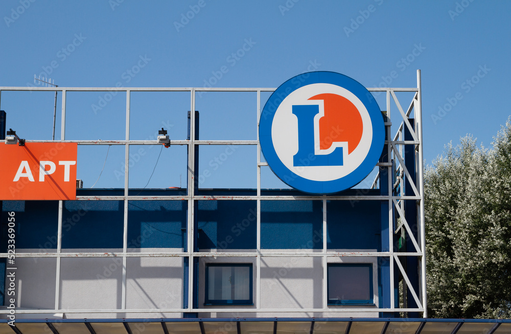E.Leclerc hypermarket, French supermarket logo sign. Shopping mall ...