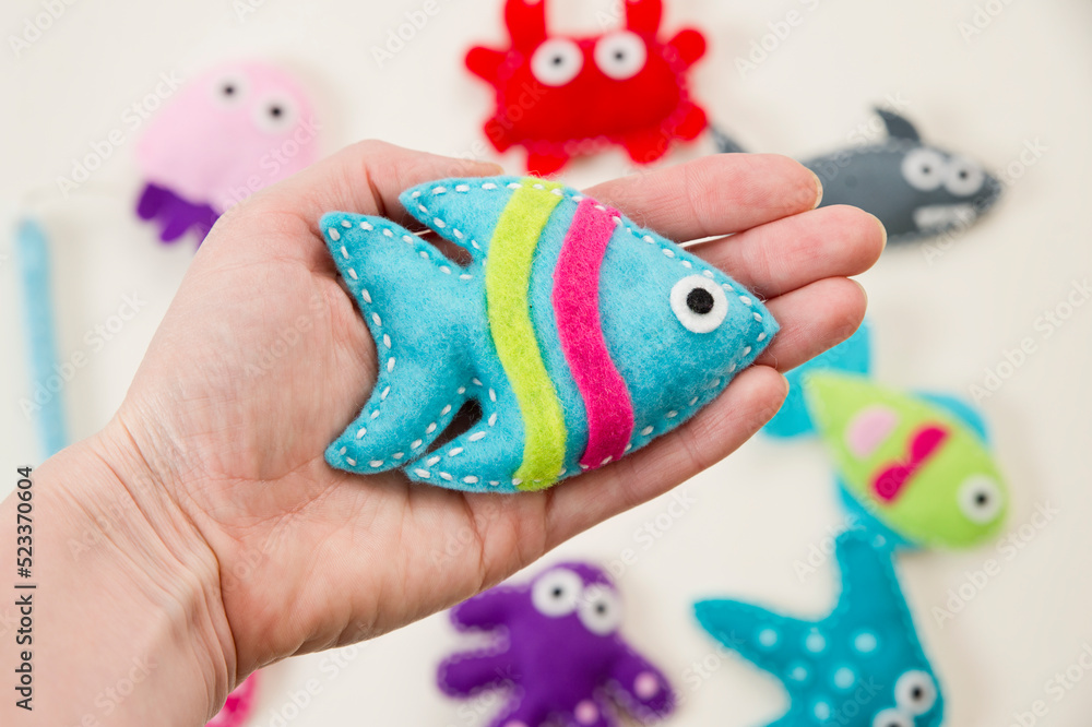 Hand made stuffed felt toy. Fishing rod with magnet and fishes or other ...