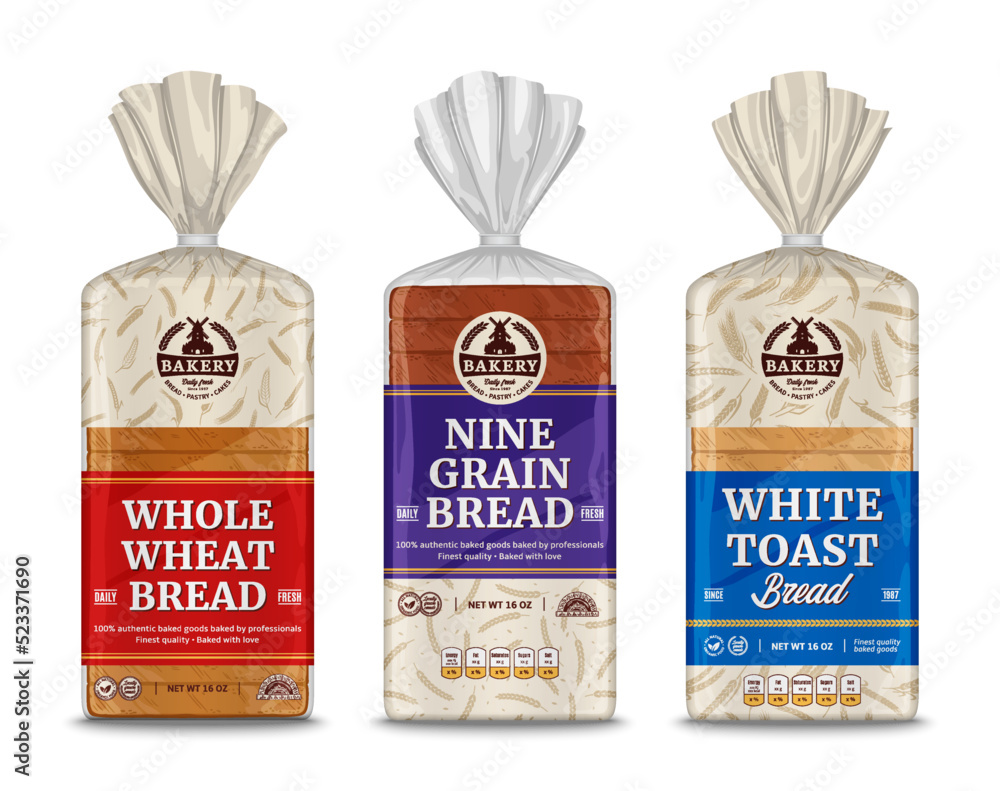 Vector bread packaging and vertical label design. Bakery illustrations ...