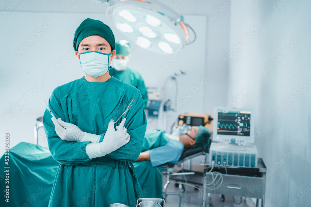 Portrait confidence doctor wear glove,medical mask stand arm cross hold ...