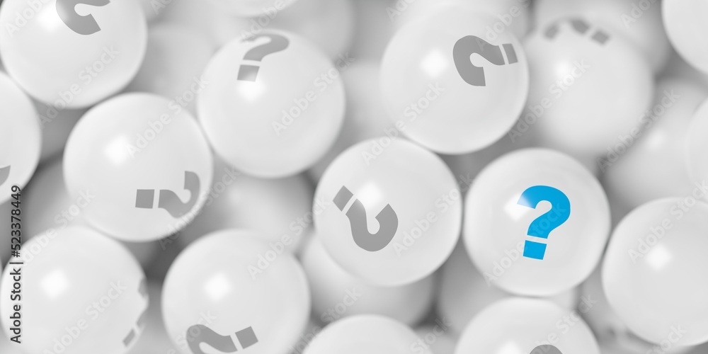 Heap of white spheres or balls with grey question marks and one blue ...