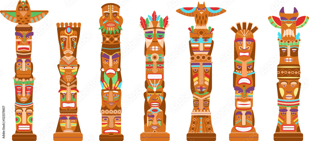 Mask totem poles. Hawaii tiki totems, ancient mythological symbols ...