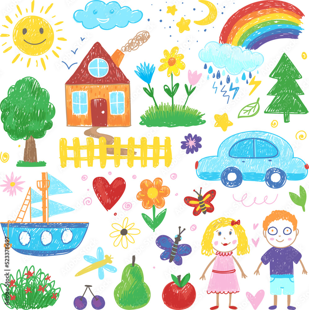 Children drawing. Child paint house scribbling crayons, color pencil ...