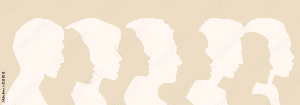Collage Silhouette group of people profiles. Group side silhouette men ...