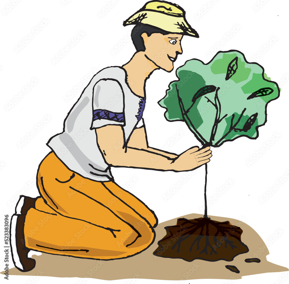 Hand drawn man planting a tree. Vector in black outline and color ...